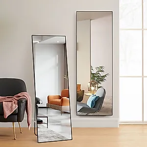 A.T.Lums Floor Mirror, 65" x 22" Full Length Mirror, Rectangle Stainless Steel Metal Frame with Stand, Modern Wall Mounted Mirror, Free Standing or Wall Mounted or Leaning Against Wall, Black