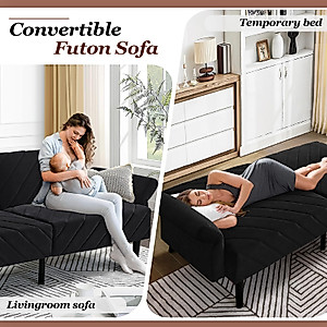 87 Inch Futon Sofa Bed, Modern Convertible Sleeper Futon Couch with Adjustable Armrests and Backrest, Velvet Oversized Loveseat Sofa Couch for Living Room, Apartment,Black