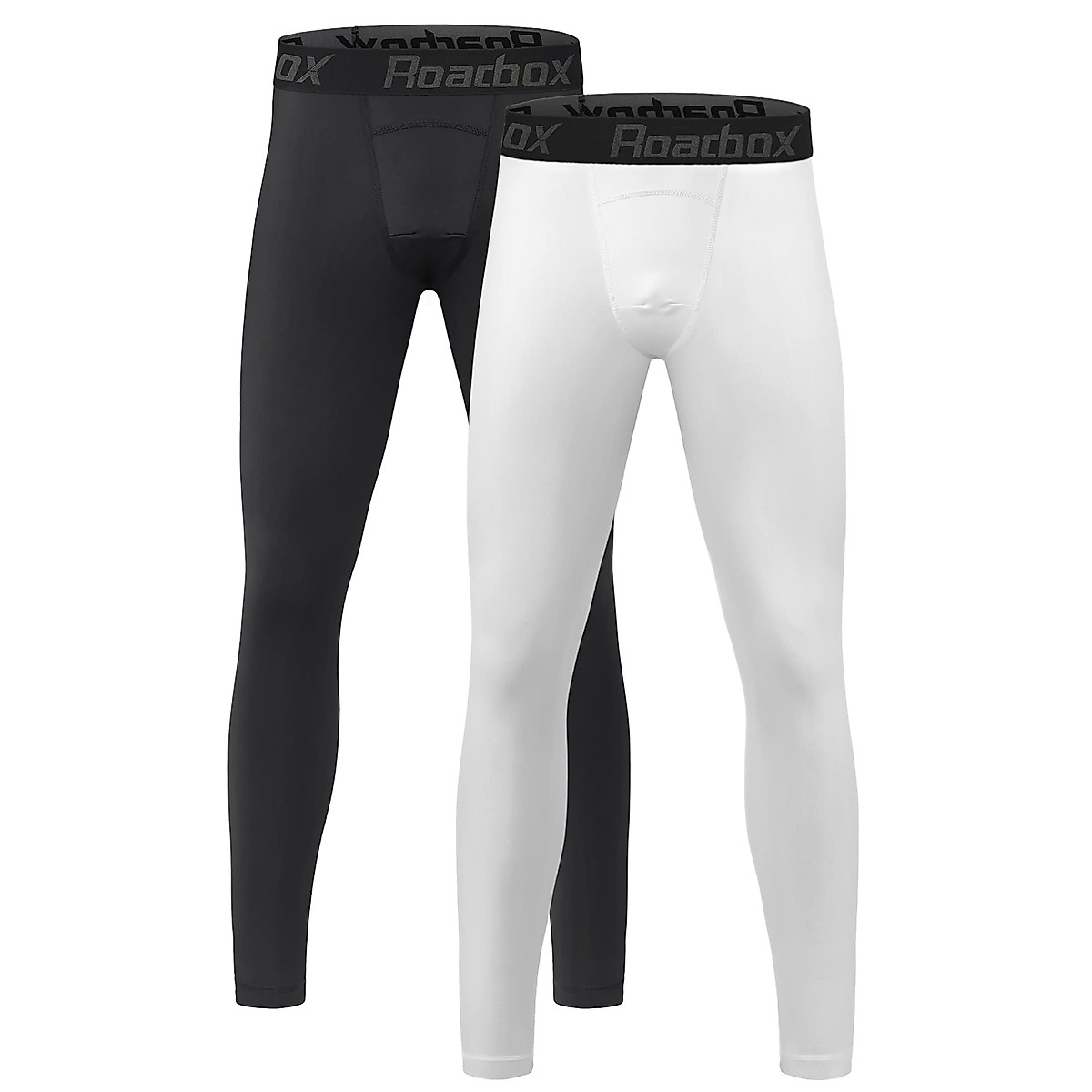 Roadbox Boys Compression Pants - 2 Pack Youth Athletic Tights Sports Leggings Kid Boys Spandex Base Layer Underwear for Basketball Football Running Blackwhite