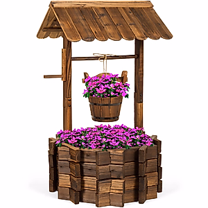 Best Choice Products Rustic Wooden Wishing Well Planter Outdoor Home Décor for Patio, Garden, Yard w/Hanging Bucket