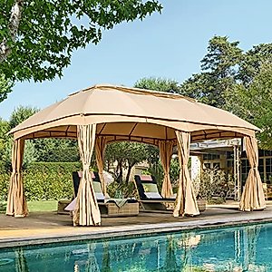 MELLCOM 12x20 Patio Gazebo, Double Soft-Roof Gazebo Tent with Curtains and Netting, Patio Canopy for Outdoor Event, Patio, Lawn & Garden, Beige