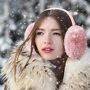 Geyoga Ear Muffs 4 Pieces Faux Fur Warm Ear Covers Foldable Winter Furry Women Ear Muffs Women's Ear Warmers (Black, Gray, Leather Pink, White)