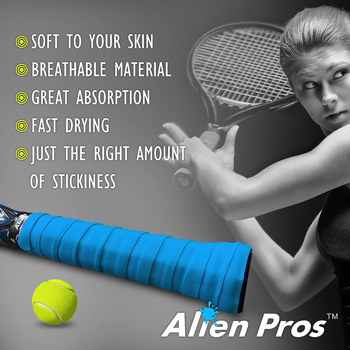 ALIEN PROS Tennis Racket Grip Tape (6 Grips) – Precut and Light Tac Feel Tennis Grip – Tennis Overgrip Grip Tape Tennis Racket – Wrap Your Racquet for High Performance (6 Grips, Blue)