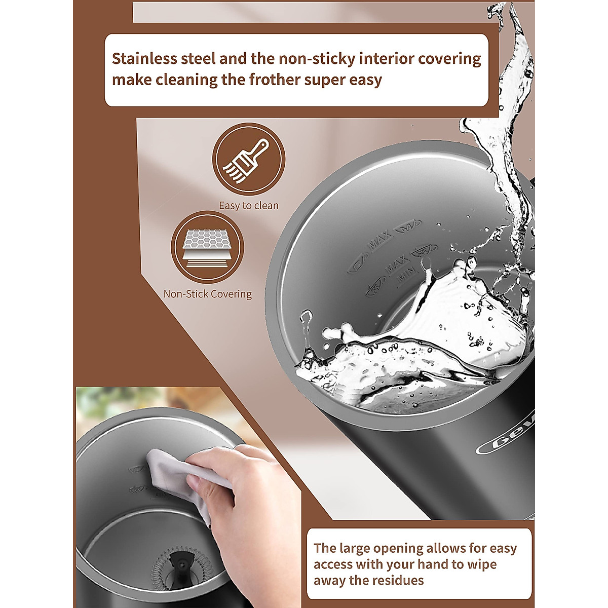 Gevi 4-in-1 Automatic Electric Milk Frother, Steamer & Warmer, 150ml, Black, Stainless Steel