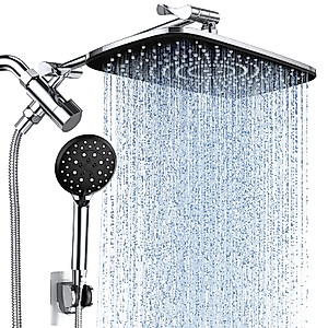 Veken 13.39 Inch High Pressure Rain Shower Head Combo with Extension Arm- Wide Rainfall Showerhead with 5 Handheld Water Spray - Adjustable Dual Showerhead with Anti-Clog Nozzles - Silver Chrome