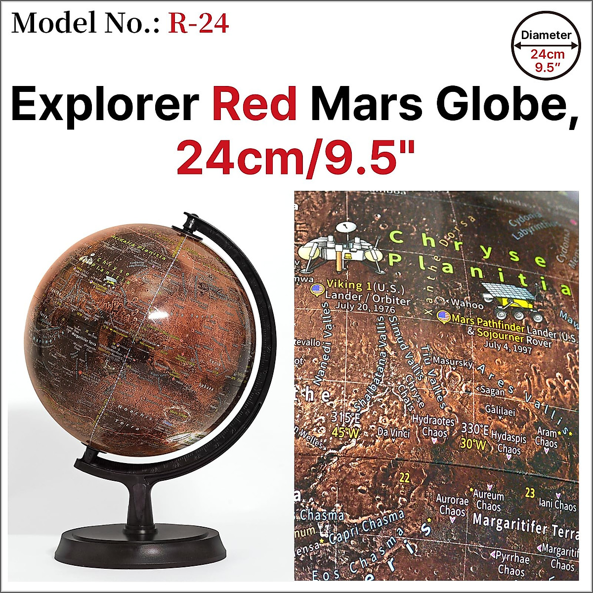 Mapsoft Explorer Mars Globe, 24cm/9.5", R-24, Red Planet, Mars Map, Mars Atlas, Mars Poster