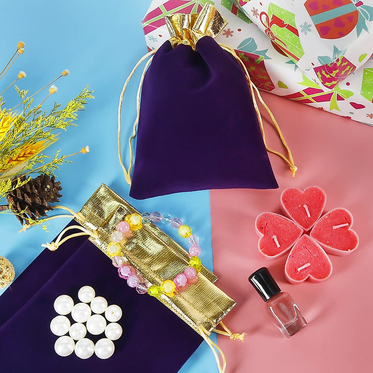 HRX Package 10pcs Velvet Bags with Drawstrings 5x7 inch, Purple Gold Cloth Jewelry Pouches Baggies Sacks for Small Gift Dice Party Favor