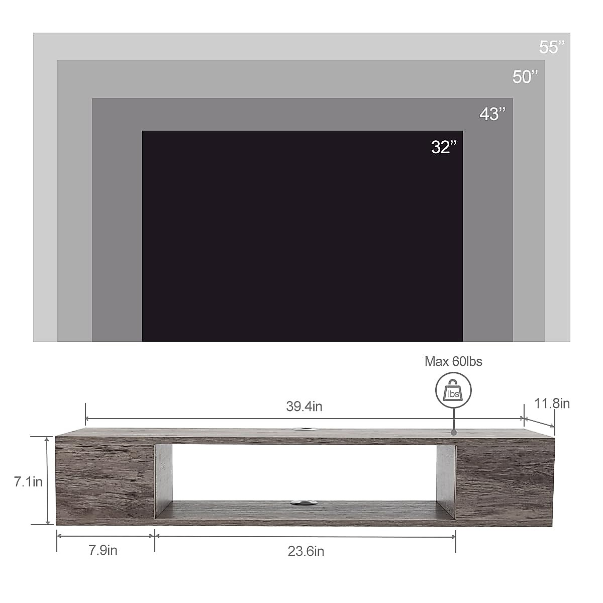 Grey Floating TV Stand and Console, Wall Mounted Entertainment Center with Storage, Space-Saving Under TV Shelf for Bedroom and Living Room