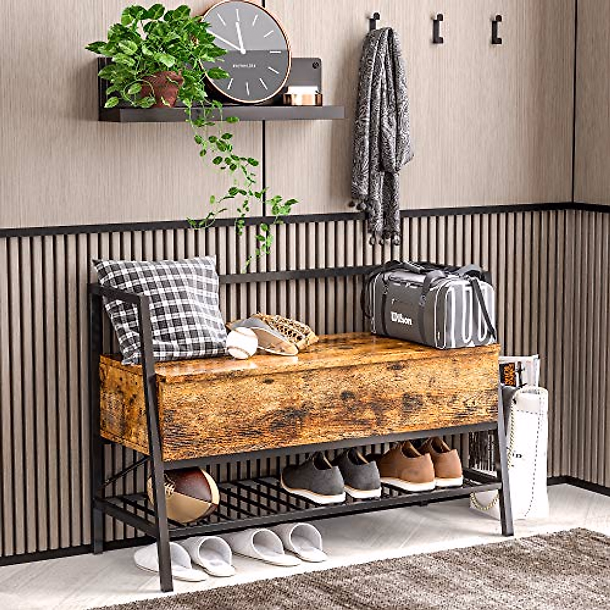 IRONCK Storage Bench, Industrial Shoe Rack Bench with Storage Box, Holds Up to 240 LB Shoe Organizer for Entryway, Bedroom, Closet & Hallway, Entryway Bathroom