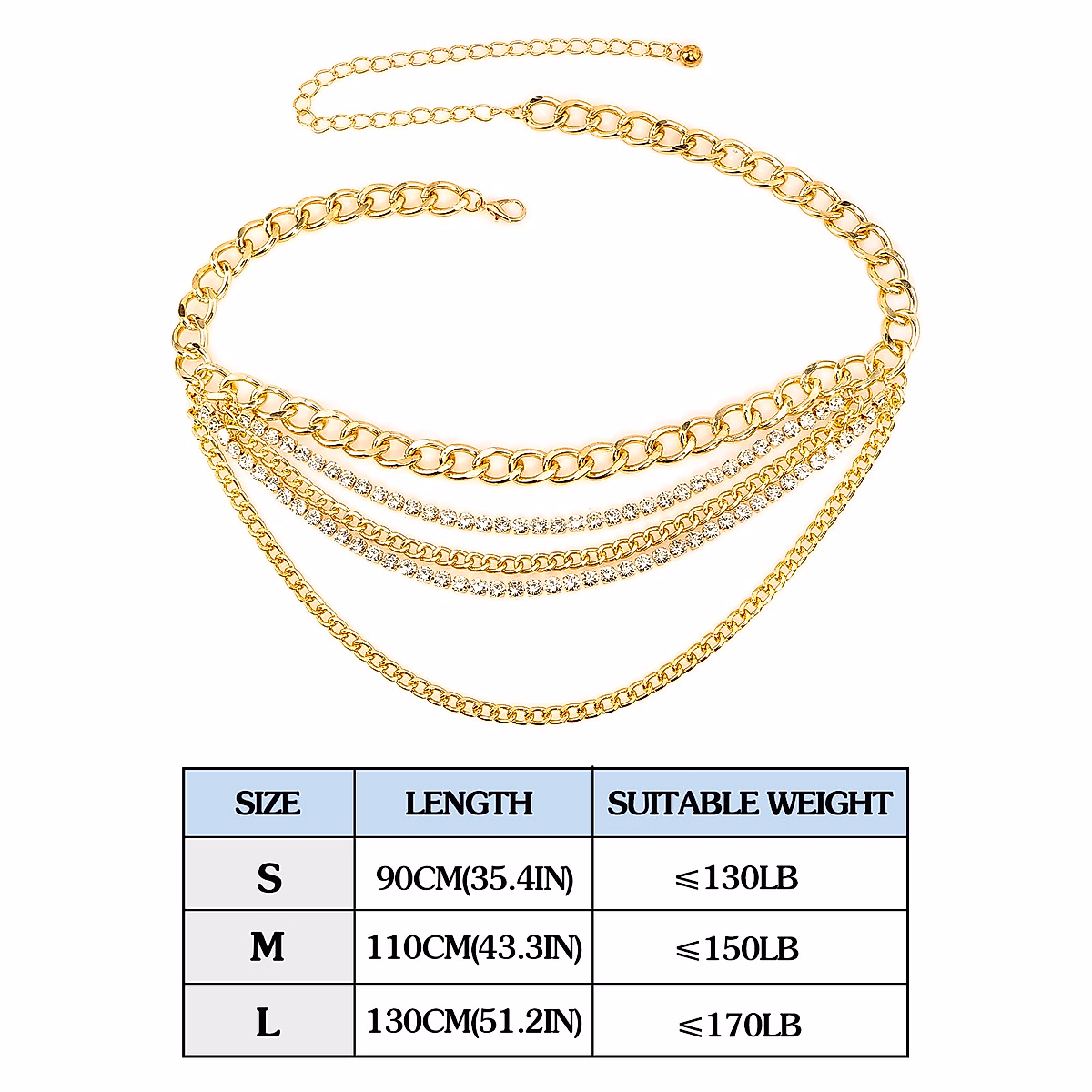 DTWAWA Multilayer Crystal Chain Belts for Women Layered Rhinestones Metal Waist Chain Punk Chunky Body Belly Chain for Dresses Jeans,Gold(51.2in)