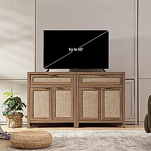 SICOTAS Sideboard Buffet Cabinet Set of 2, Rattan Credenza Storage Cabinet, Boho Buffet Table Console with Drawer, Farmhouse Coffee Bar Cabinet for Entryway Living Dining Room, Natural Oak