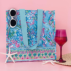 Lilly Pulitzer Blue/Green Market Shopper Bag, Reusable Grocery Tote with Comfortable Shoulder Straps, Aqua La Vista