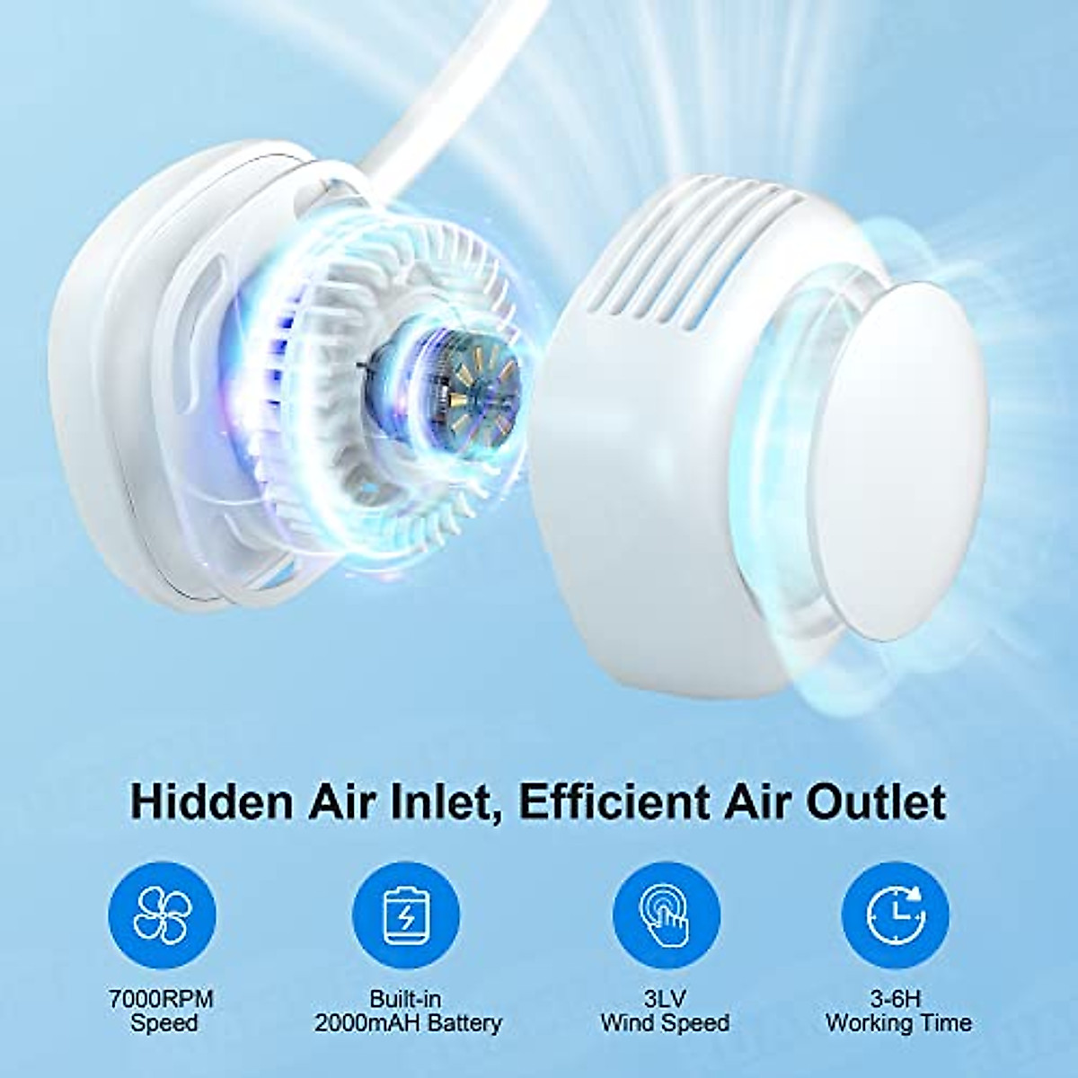 RUAMMER Portable Neck Fan, Hands-Free Bladeless Neck Fan, 360° Adjustable Personal Neck Fan, Ultra-Light Hanging Neck Fan, Rechargeable, USB Powered Around the Neck Fan, Headphone Design, 3 Speeds