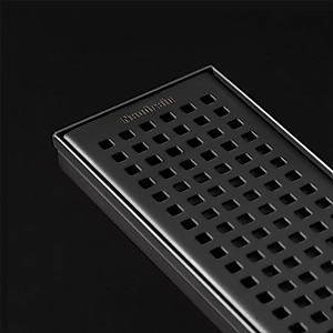 Neodrain 12-Inch Black Linear Shower Drain with Removable Quadrato Pattern Grate,Professional 304 Stainless Steel Rectangle Shower Floor Drain Manufacturer,Leveling Feet,Hair Strainer,Matte Black