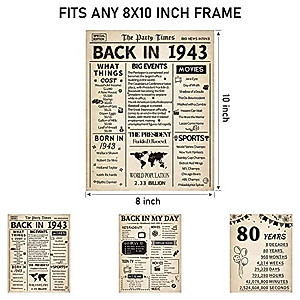 HOMANGA 80th Birthday Decorations for Men and Women, 3 Pieces Vintage 80th Birthday Anniversary Posters, Back in 1943 Party Decoration Supplies, 80th Gifts for Men and Women 8x10 Inch