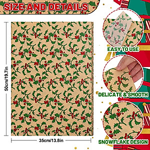 Whaline 100 Sheets Christmas Tissue Paper Xmas Holy Leaves Red Berries Printed Gift Wrapping Paper Rustic Kraft Art Tissue Paper for Christmas DIY Crafts Gift Bags Winter Party Decor, 13.8 x 19.7"