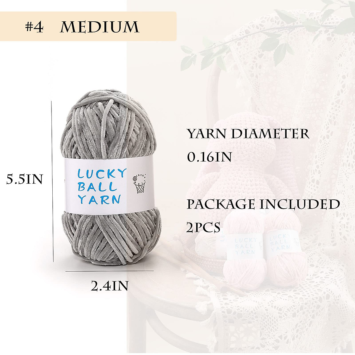 2PCS Soft Chenille Yarn Blanket Yarn,Velvet Yarn for Knitting,Fancy Yarn for Crochet,Crochet Yarn for Sweater/Hat/Blankets/DIY Craft(Grey)