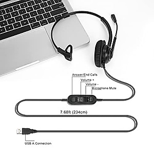 EMAIKER USB Headset with Microphone for Office Call Center Telework, Lightweight 1 Ear USB-A Headset with Noise Cancelling Microphone for Laptop for Webinar, 3CX, Teams, Zoom, Conference,Dictation