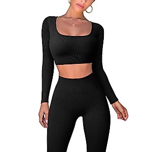 OQQ Workout Outfits for Women 2 Piece Ribbed Exercise Long Sleeve Tops High Waist Leggings Active Yoga Set Black