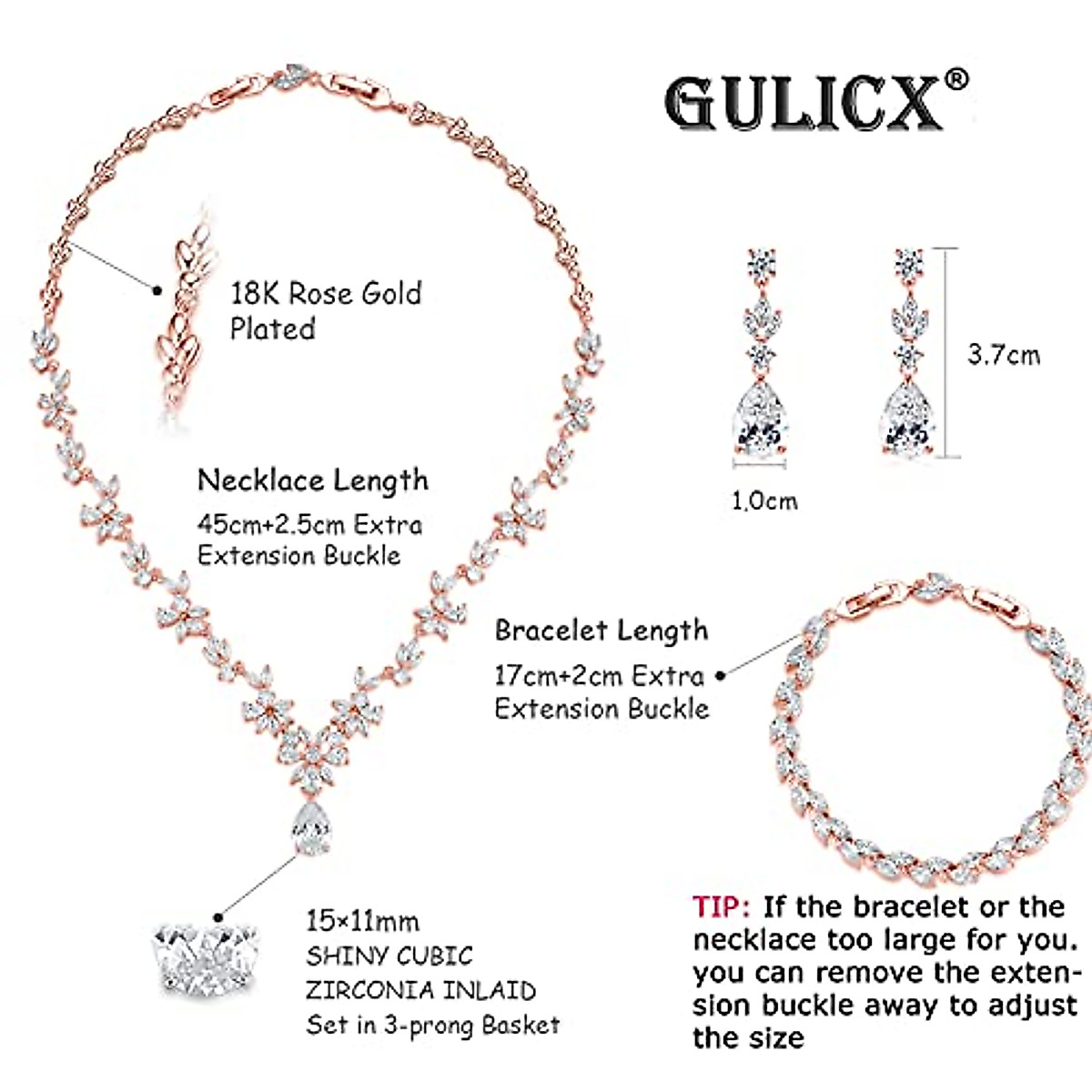 Wedding Jewelry for Bride, Rose Gold Plated Bridal Necklace Earrings Bracelet Set with Clear Cubic Zirconia, Bridemaids Jewelry Set for Wedding, Crystal Wedding Party Jewelry Set for Women Girls