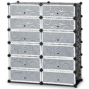 HAPPYGRILL Shoe Rack 12-Cube DIY Modular Plastic Cabinet Storage Organizer with Doors 6-Tier Shelving Bookcase Storage Unit Closet