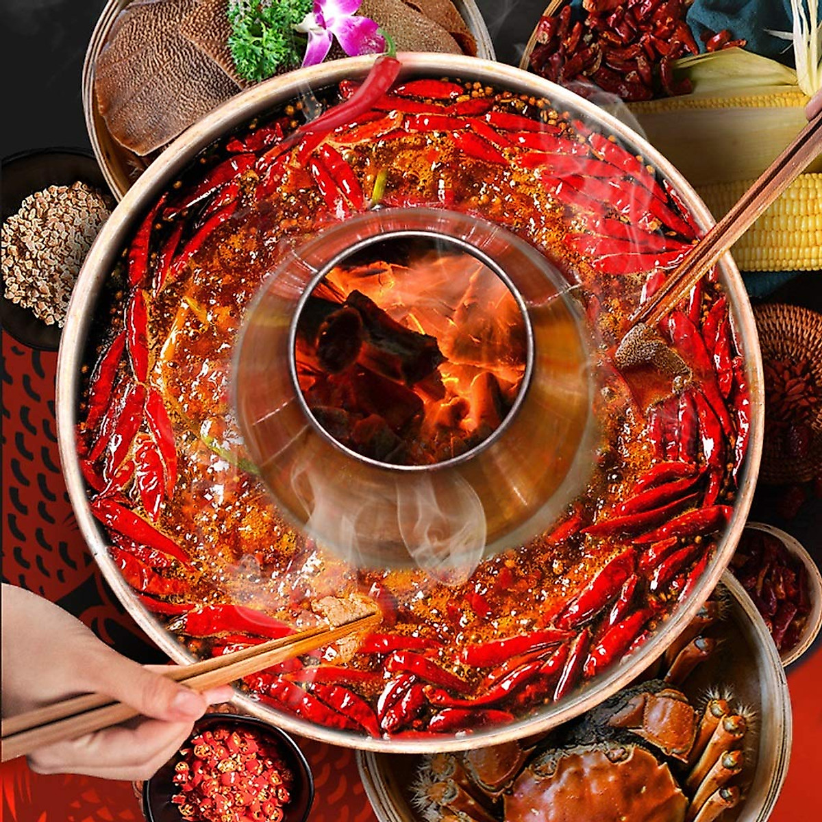 Chafing Dishes Dutch Oven for Bread Making Thickened Gas Copper Hot Pot Liquefied Gas Cassette Tableware Metal Copper Fire Boiler Home Shabu-shabu Hot Pot (Color : Brass, Size : 34cm)