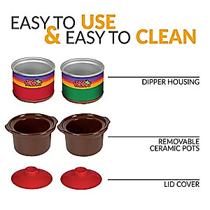 Nostalgia Taco Tuesday Two Mini Fiesta Dippers, 0.65 Qt. Capacity, Includes Lid, Perfect For Queso, Chili, Beans, Chicken, Beef, Red/Green