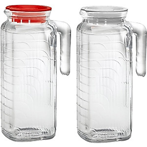 Bormioli Rocco Gelo Set of 2 Glass pitchers, 33.75 Jug with Lid, Carafe for Homemade Juice, Iced Tea, Milk, Cold Brew Coffee, Lemonade, dishwasher safe made in italy (White and Red)