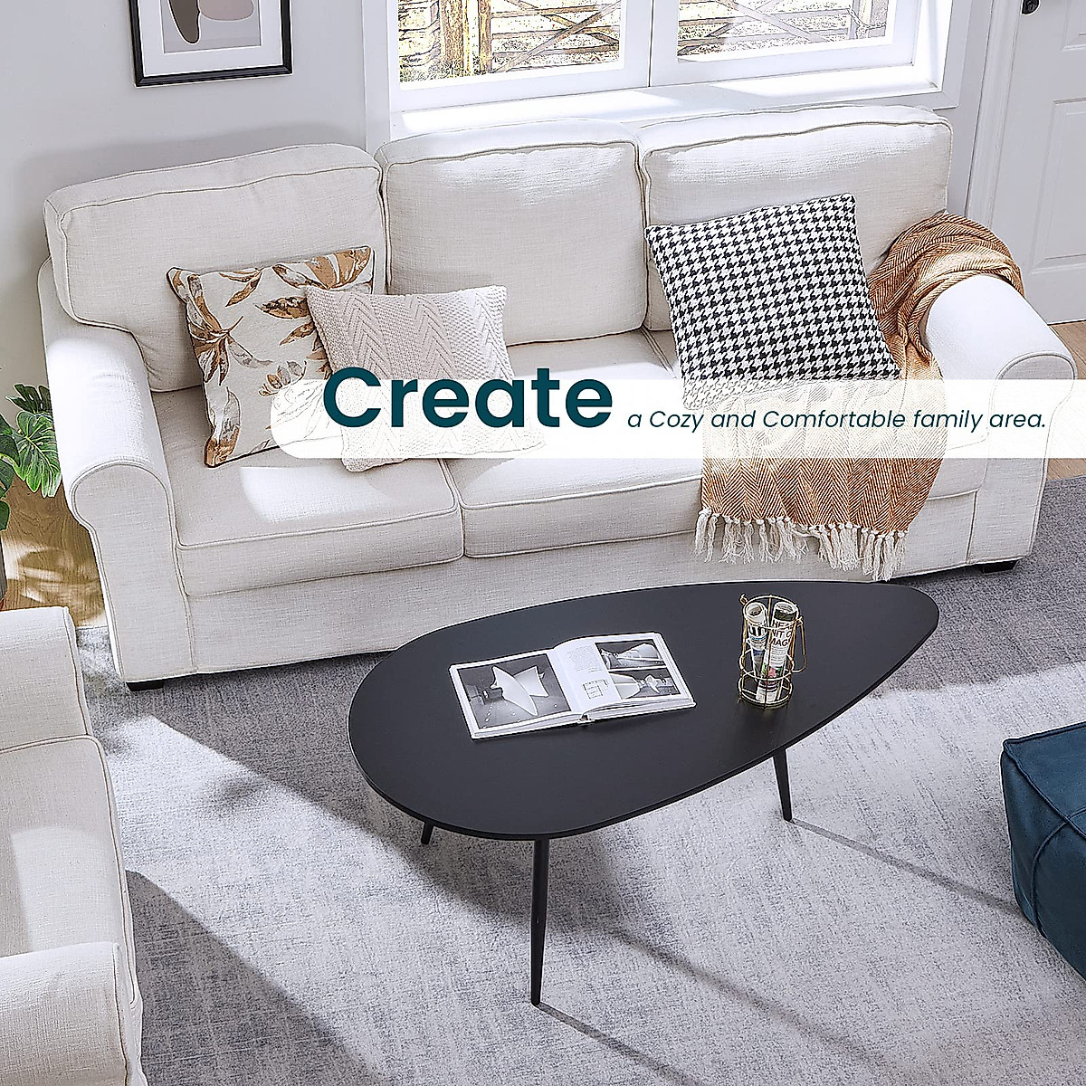 SAYGOER Black Small Coffee Table Modern Oval Coffee Tables Retro Center Table for Small Space Mid Century Coffee Table Rustic Accent Table for Living Room Home Office, Easy Assembly