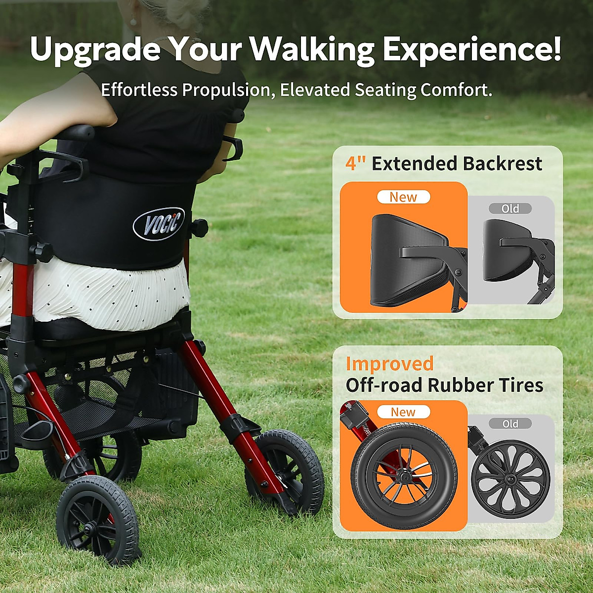 2 in 1 Walkers for Seniors with Seat, VOCIC Transformable Rollator Walker and Transport Chair, Transport Wheelchair w/Paded Seatrest, Pouch, Backrest and Footrest-Gloria Red