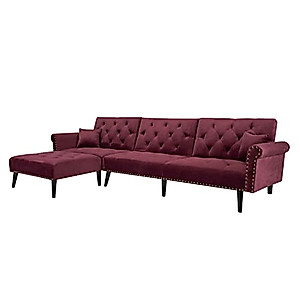 ATY Sectional Convertible Futon Sofa Bed, L-Shaped Couch with 2 Pillows and Reversible Chaise Lounge, Velvet Nailhead Decor Livingroom Furniture, 115", Red