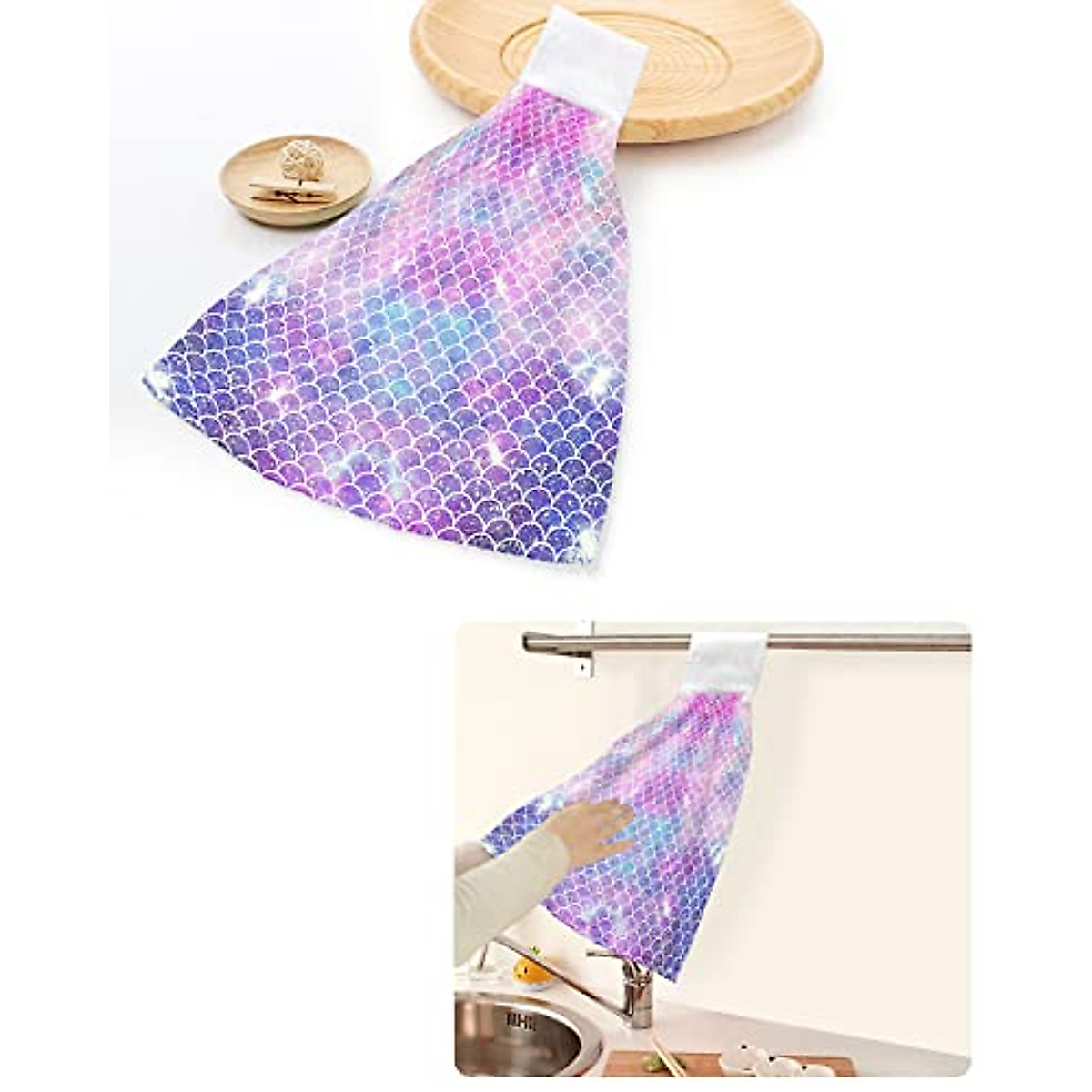 Fangship Hanging Kitchen Towel with Loop 2 Pack Beautiful Dreamy Pink Mermaid Scales Soft Dish Towels Tie Towel Tea Towels Washcloth for Bathroom Home