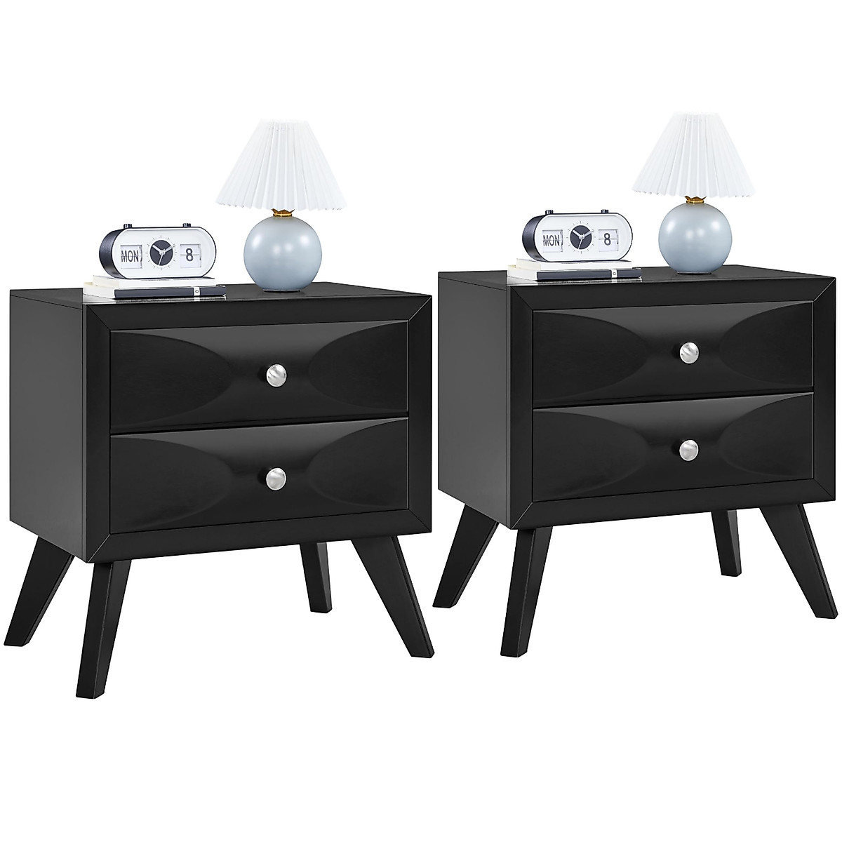 Yaheetech Nightstands Set of 2, Almost Fully-Assembled Nightstands with 2 Drawers and Solid Wood Legs, Large Bedside Tables with Storage, Modern Side Tables for Bedroom, 24.5″L×15″W×23.5″H, Black