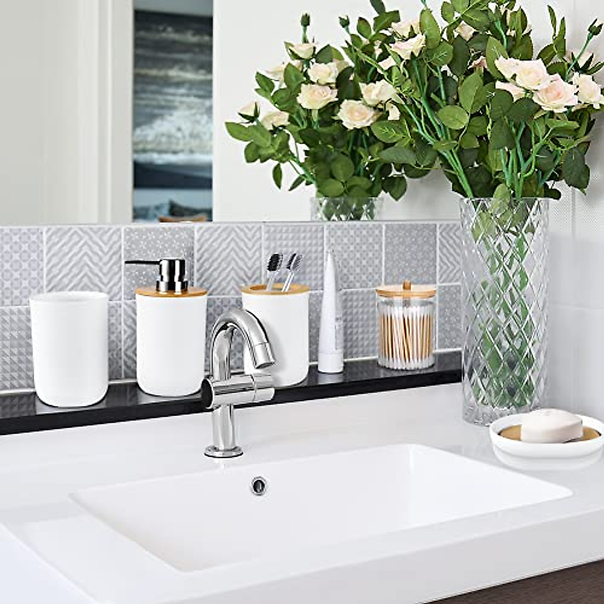 Otostar Bamboo Bathroom Accessory Set 6 Piece Bathroom Accessories Set Plastic Gifts Bath Set with Toothbrush Holder Soap Dispenser Qtip Holder Tumbler Soap Dish Toilet Brush Holder Trash Can (White)