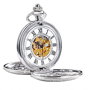 TREEWETO Men's Retro Mechanical Pocket Watch Silver Double Case Roman Numerals Gift for Man with Box