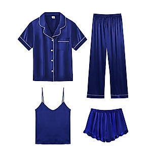 SWOMOG Womens 4 Piece Pajamas Silk Button Down Tops Satin Cami Tank Top Ruffle Shorts Lounge Sets Summer Pjs Soft Sleepwear