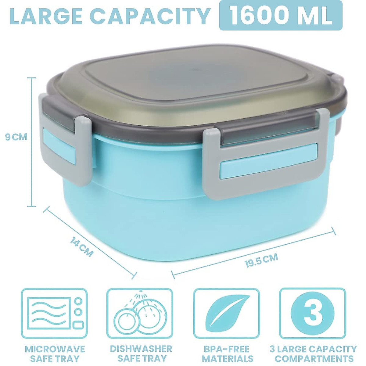 Bugucat Bento Box 54 Oz, Lunch Box with 3 Compartments and Cutlery, Reusable Lunch Containers with Ice Pack, Adults Food Storage Containers for Work Picnic, Dishwasher-safe, BPA-Free