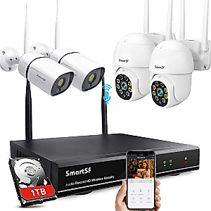 SmartSF Security Camera System with 1TB, 3MP 8CH Wireless Camera System for 24-7 Recording, PTZ Cameras and Bullet Cameras with Motion Detection, Auto Tracking, Two Way Talk, Color Night Vision