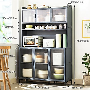 NENAGGE Kitchen Pantry Storage Cabinet, 69" Freestanding Microwave Cupboard with Double Doors ＆ Acrylic Translucent Window, Buffet with Hutch for Living Room, Dining Room,176×116cm/69×46in