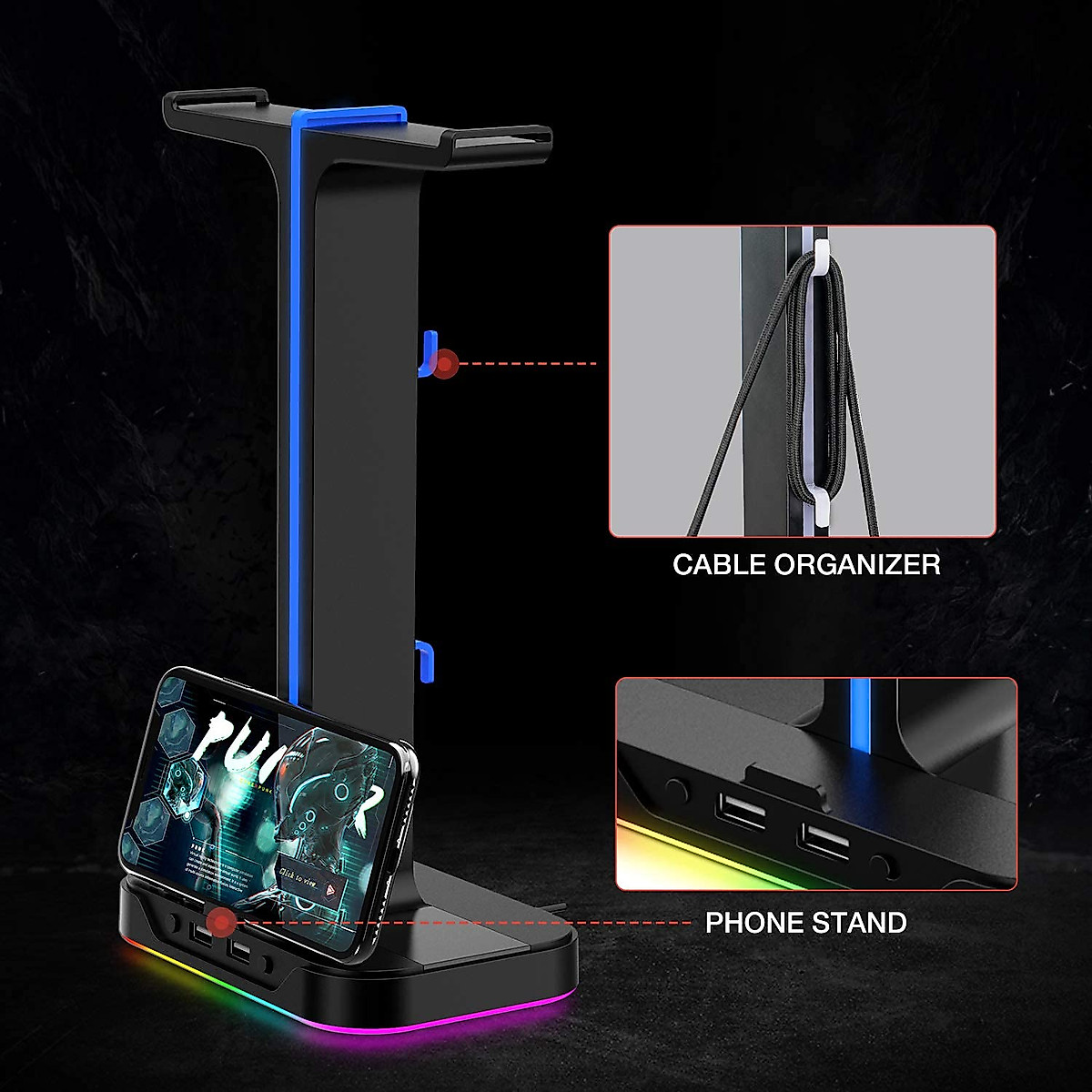 Havit RGB Gaming Mouse Pad & Headset Stand Combo Set, Extra Large Mouse Mat & Desk Headphones Hanger Base with 2 USB Ports Phone Holder Headset Organizer Stand for Desktop PC Game Accessories