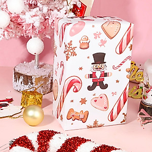 Vnaaem Pink Christmas Wrapping Paper with 4 Nutcracker Gingerbread Design for Christmas Holiday Party Celebration - 20 X 28Inches Per Sheet(8 Pack)