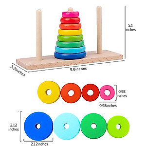 GYBBER&MUMU Wooden Towers of Hanoi (8 Rings) Rainbow Blocks Toy with Storage Box for Kids 3 Years and Up