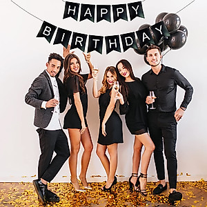 Black Happy Birthday Banner, Black Happy Birthday Bunting Banner with White Letters Birthday Party Decoration Supplies