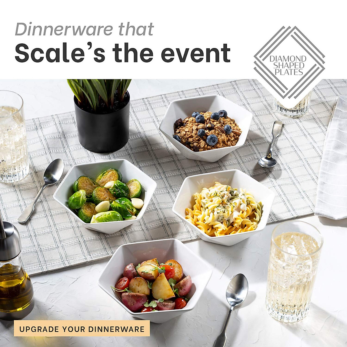 MITBAK 20 Ounce Bone China Soup Bowls | Set of 6 Diamond Shaped White Serving Bowl Plates For Soup, Ramen, Cereal, Pasta, Fruit, Pho, Salad, Dessert | Decorative Bowls Make Excellent Gift Idea