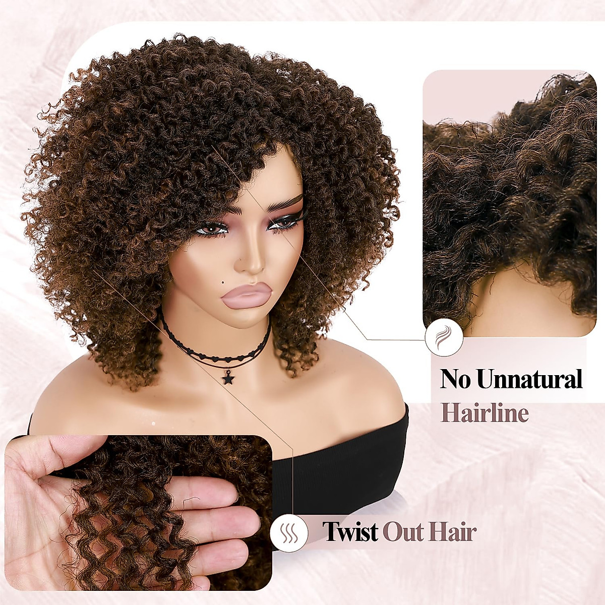 Hanne Fashion Short Kinky Curly Wigs Ombre Brown Side Part Wig Afro Curly Wig Twist Out Wigs Heat Resistant Fiber Synthetic Full Wigs for Black Women (1B 30#)
