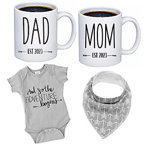 Tipit Drinkware Pregnancy Gift Est 2023-New Parents Gifts-Mommy and Daddy Est 2023 11 oz Mug Set -Adventure Awaits Romper (0-3M)-Top Mom and Dad Gift Set for Parents to Be New Mom Gifts for Women