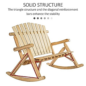 Outsunny Double Wooden Patio Rocking Bench, Adirondack Porch Rocker Chair for 2 Persons with High Rise Slatted Seat & Backrest, Smooth Armrests, Natural