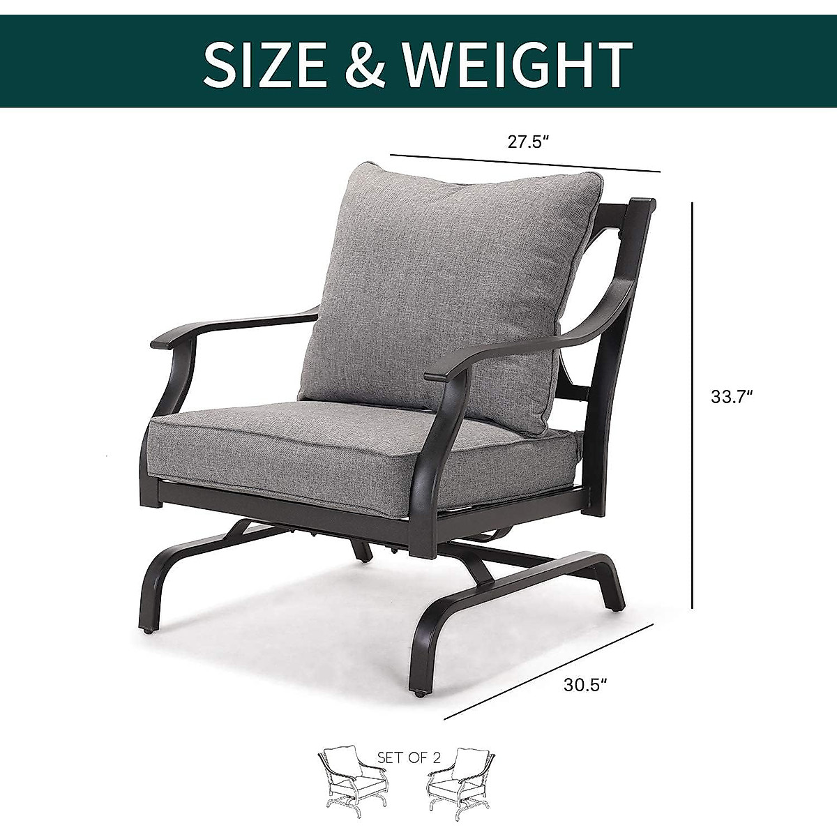 Grand patio Stationary Rocker Set of 2, Motion Chair, Outdoor Patio Seating Chair, Padded Cushion Chair-Grey