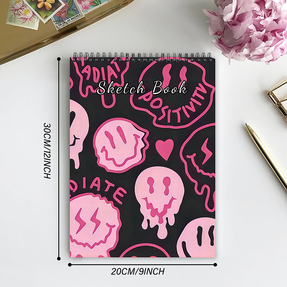 Cabreche Cute Sketchbook Top Spiral Bound Sketch Pad 9 x 12 inch,100GSM Thick Paper 50 Sheets 100 Pages,Art Sketch Book Aesthetic Writing Drawing Paper for Girls Women Face-Black Pink
