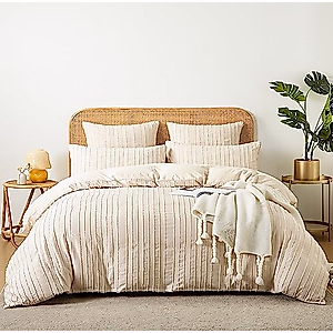 Nayoroom Boho Striped Duvet Cover Set King Size Beige Khaki Tufted Textured Bedding Sets 3 Pieces Soft Lightweight Washed Microfiber Aesthetic Comforter Cover with Zipper Closure for All Seasons
